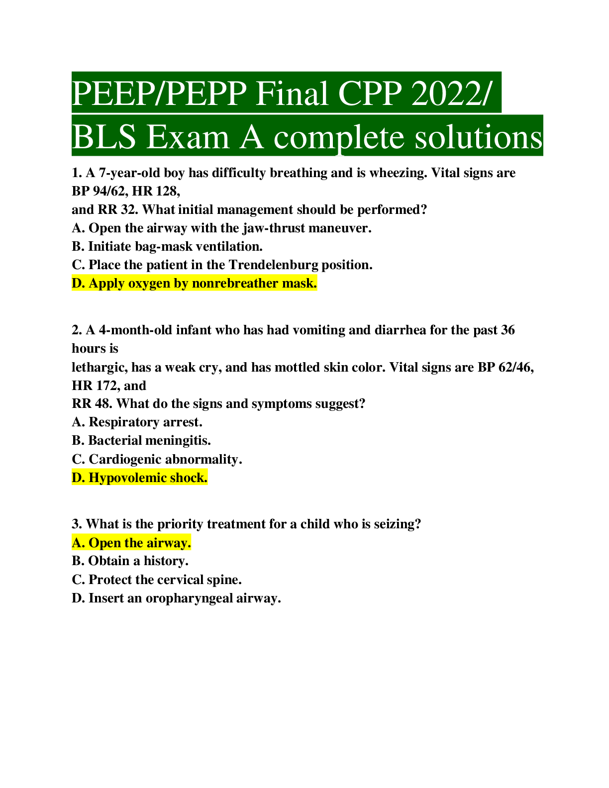 PEEP/PEPP Final CPP 2022/BLS Exam A complete solutions - Scholarfriends